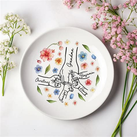 Personalized Hand In Hand Watercolor Floral Ceramic Jewelry Dish With 1
