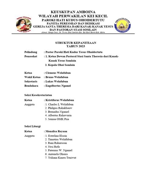 Struktur Kepanitiaan Peresmian Dan Dedikasi Gereja Somlain Pdf