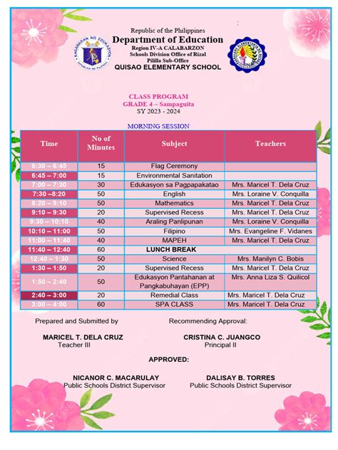 Grade 4 Class Program Sy 2023 2024 Final Download Free Pdf Social