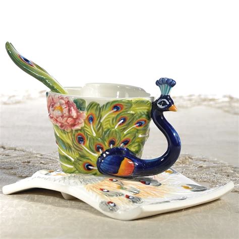 New Peacock Coffee Cup Enamel Porcelain Tea Milk Cup Ceramic Coffee Mug