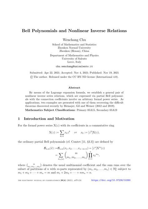 Pdf Bell Polynomials And Nonlinear Inverse Relations