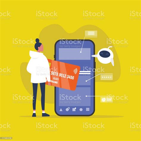 금융 및 신기술 온라인 뱅킹 응용 프로그램의 인터페이스를 보여주는 귀여운 흰색 로봇 밀레니엄 라이프 스타일 모바일 무선 결제 시스템 플랫 편집 가능한 벡터 일러스트레이션