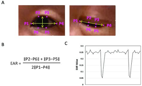 eye landmarks p1~p6 and ear calculation formula for 2d eye blink