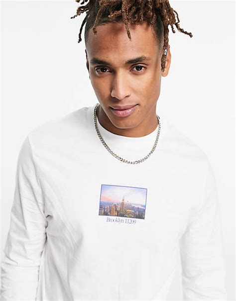 Asos Design Long Sleeve T Shirt In White With New York Print Asos