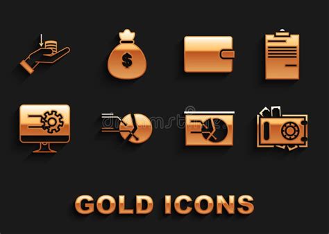 Set Pie Chart Infographic Document Safe And Money Board With Computer Monitor Wallet Money