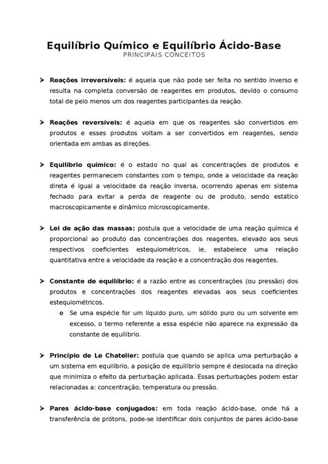 Equilíbrio Químico E Equilíbrio Ácido Base Conceitos Notas De