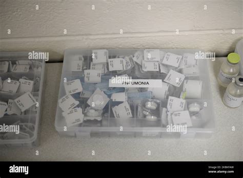 Pill Boxes With Placebo Medication Labeled Pneumonia In A Classroom At The Delaware County