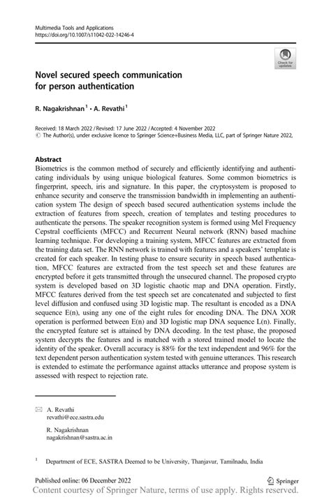 Novel Secured Speech Communication For Person Authentication