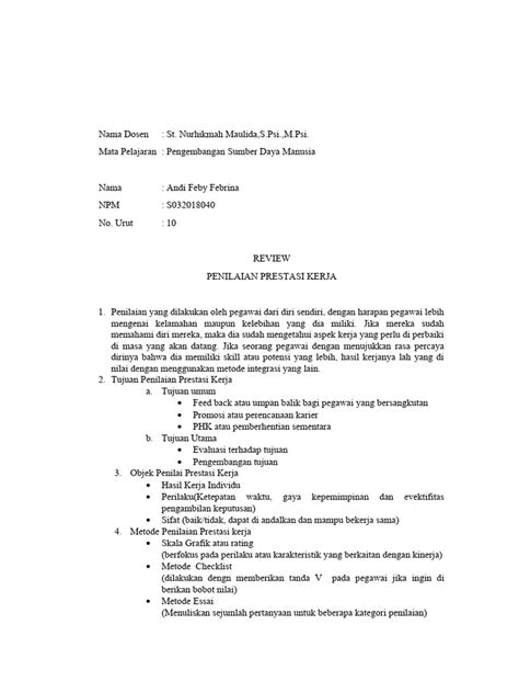 Andi Feby Febrina Review Materi Penilaian Prestasi Kerja Pdf Pengembangan Diri