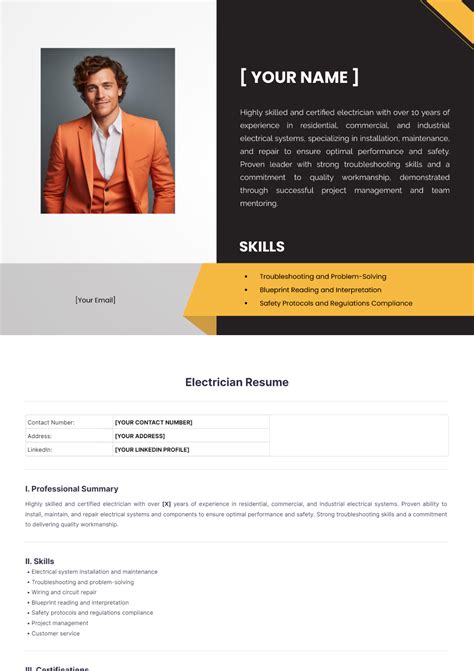 Free Electrician Resume Template To Edit Online