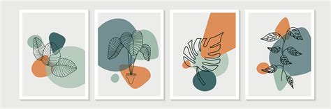 식물벽 아트 벡터 세트 추상적인 모양의 지구 톤 보호 단풍 라인 아트 드로잉 인쇄 표지 벽지 최소한의 자연 벽 예술을위한 추상 식물 예술 디자인 0명에 대한 스톡 벡터 아트