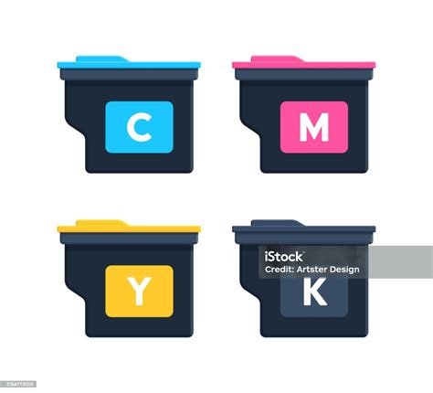 Cmyk 프린터 카트리지 흰색 배경에 고립된 플랫 아이콘 세트입니다 디지털 및 인쇄 매체를 위한 컬러 인쇄 개념 그래픽 디자인
