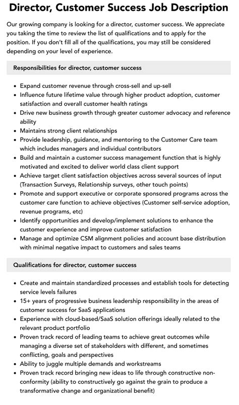 Director Customer Success Job Description Velvet Jobs