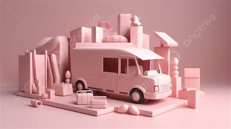 물건을 배달할 수 있는 분홍색 배달 트럭 모바일 응용 프로그램의 3d 렌더링 평면 그림 온라인 쇼핑 스토어 및 컴퓨터와 스마트폰의 트럭 화물 운송 고화질 사진 사진 배경