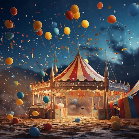 Premium Photo Circus Tent With Balloons And Confetti On Blue Background
