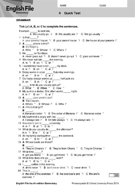 Ef4e Elem Quicktest 04 Repaso 4 Quick Test English File Fourth