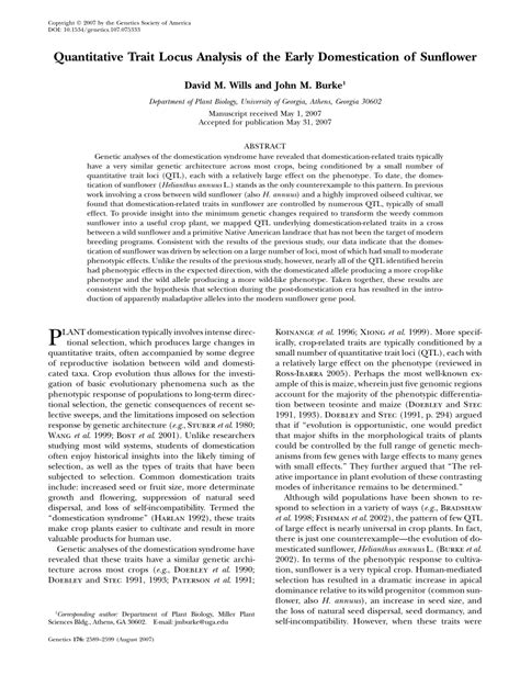 Pdf Quantitative Trait Locus Analysis Of The Early Domestication Of Sunflower