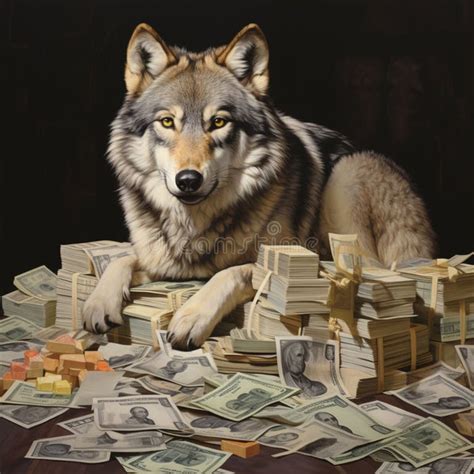 A Grey Wolf Laying On Top Of Stacks Of Money On A Table Stock