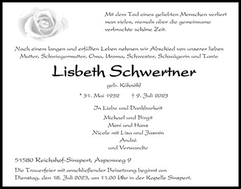 Traueranzeigen Von Lisbeth Schwertner Wirtrauern