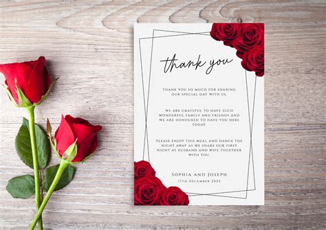 Red Rose Thank You Card Template Wedding Place Setting Thank You Red