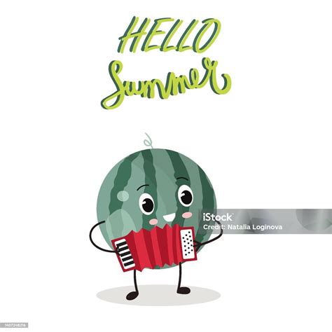 하모니카 만화 캐릭터를 연주하는 전체 쾌활한 수박의 벡터 일러스트레이션 비문 안녕하세요 여름 여름 시간 여름 분위기 열매 유기농 재미있는 수박 만화에 대한 스톡 벡터 아트