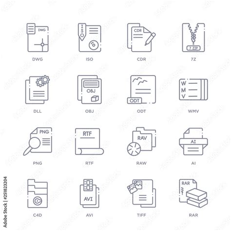 Set Of 16 Thin Linear Icons Such As Rar Tiff Avi C4d Ai Raw Rtf