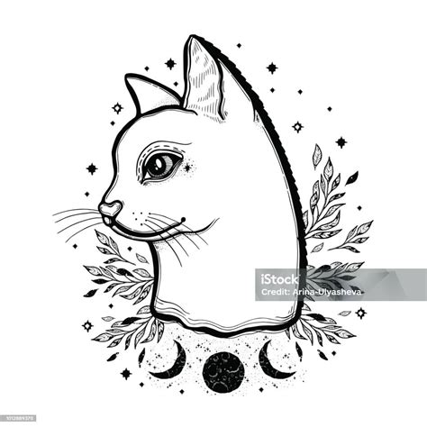 신비 하 고 신비로운 손으로 스케치 그래픽 그림 고양이 기호를 그립니다 벡터 일러스트입니다 점성술과 비 개념입니다 오래 된 패션