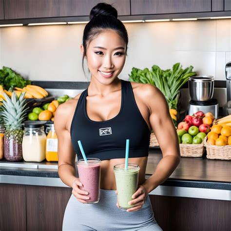 Asian Fitness Model Posing With Smoothies Premium Ai Generated Image