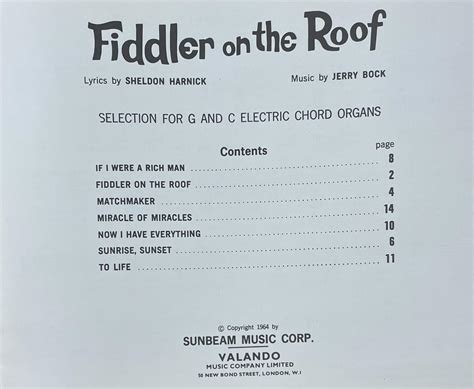 Fiddler On The Roof Book Selection For Gandc Electric Chord Organs