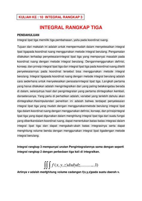 Kuliah Ke 10 Integral Rangkap Tiga Integral Rangkap Tiga Pendahuluan
