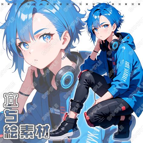 【005】立ち絵素材青髪少年ヘッドホン チネラくんの素材置き場 Booth