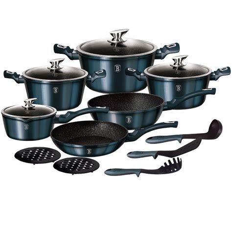 Set Oale Si Tigai Marmorate Din Aluminiu Forjat 15 Piese Aquamarine