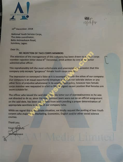 NYSC Rejection Letter Details Sample