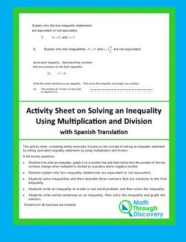 Alg 1 Solving Inequalities Using Multiplication And Division Activity Sheet