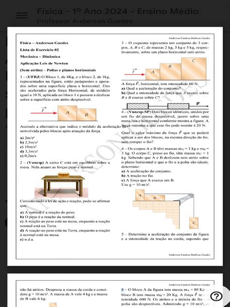 Lista De Exercício 02 Aplicações Das Leis De Newton Problemas Sem