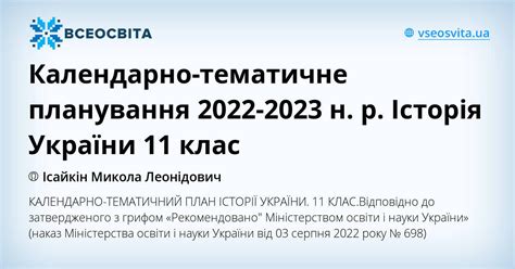 Календарно тематичне планування 2022 2023 н р Історія України 11 клас