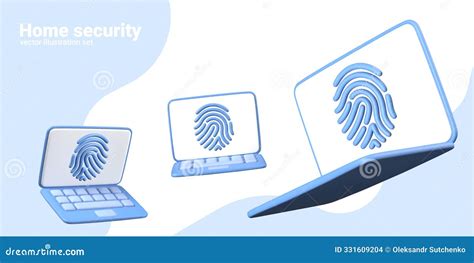 Realistic Laptop With Fingerprint On Screen Personalized Access Stock Illustration