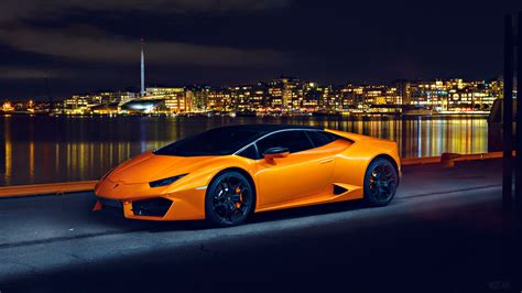 Orange Lamborghini Huracan Sports Car At Night Hd Wallpaper Rare Gallery