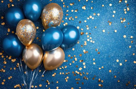 A Stunning Display Of Blue Balloons With Golden Confetti On A Blue