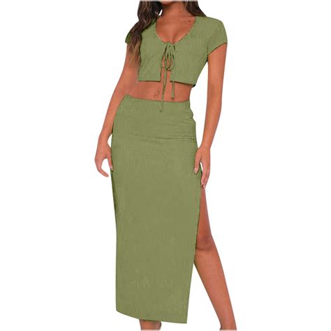 Summer 2 Piece Outfits For Women V Neck Lace Up Short Sleeve Crop Tops