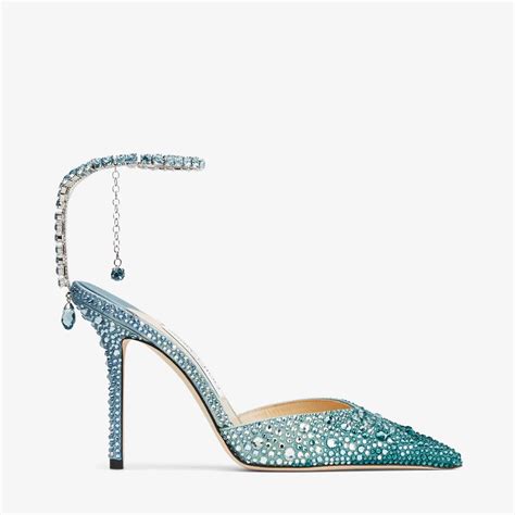 Saeda 100 水晶饰孔雀蓝色缎面高跟鞋 夏季系列 Jimmy Choo
