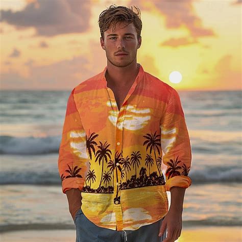 Mens Shirt Coconut Tree Hawaiian Resort Button Up Shirt Printed Shirts
