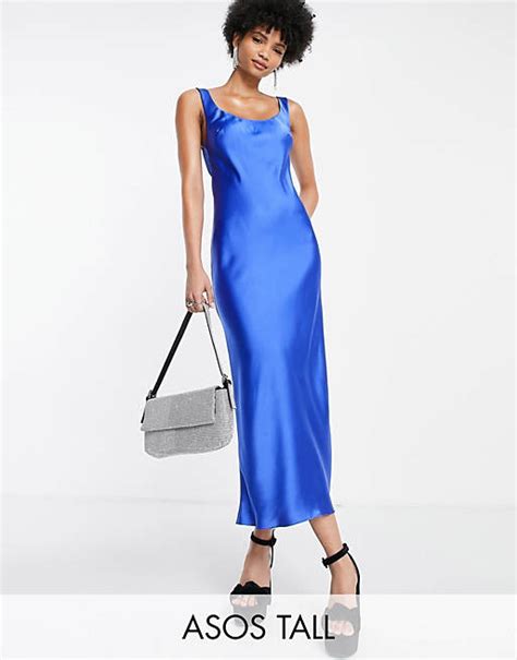 Asos Design Tall Midi Trägerkleid Aus Satin In Kobaltblau Mit U