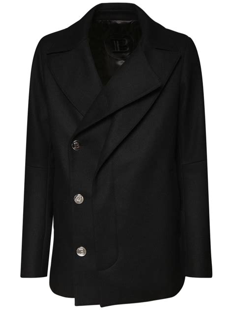 Balmain Double Lapel Wool Blend Peacoat In Black Modesens