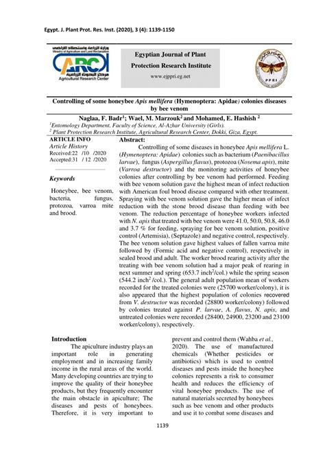 Pdf Controlling Of Some Honeybee Apis Mellifera Hymenoptera Apidae