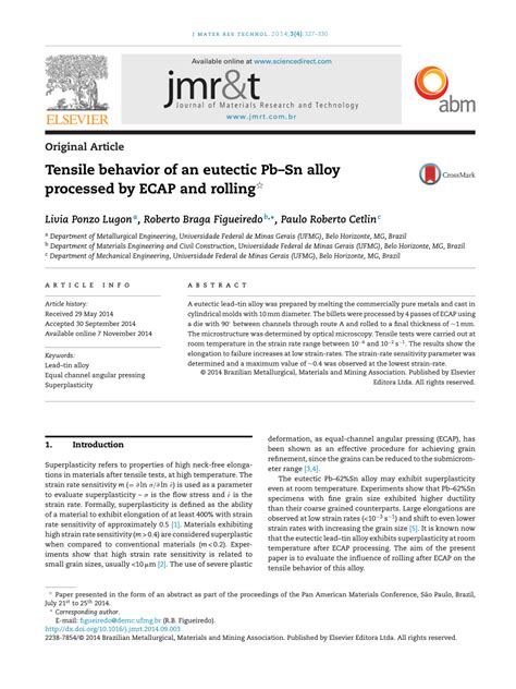 Pdf Tensile Behavior Of An Eutectic Pb Sn Alloy Processed By Ecap And Rolling
