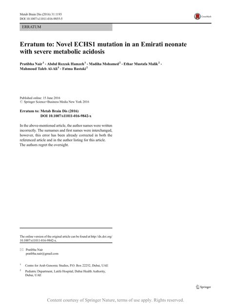 Erratum To Novel Echs1 Mutation In An Emirati Neonate With Severe Metabolic Acidosis Request Pdf