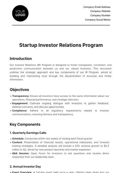 Free Startup Investor Relations Program Template Edit Online And Download