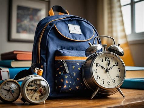 Packed School Bag And Alarm Clock For Early Wake Up Premium AI