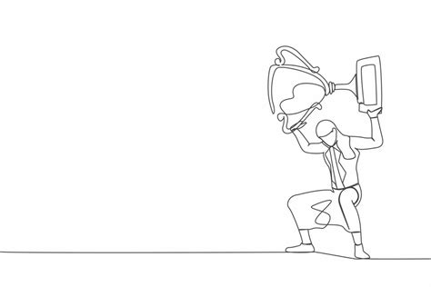 Single Continuous Line Drawing Frustrated Businesswoman Carrying Trophy
